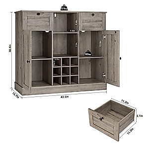 HOSTACK Buffet Sideboard Cabinet, Wine Bar Cabinet with Drawers and Removable Wine Rack, Coffee Bar Storage Cabinet with Shelves for Kitchen, Dining Room, Living Room, Ash Grey