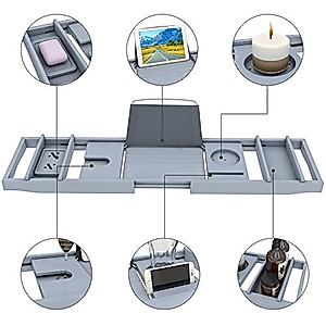 Domax Bathtub Caddy Tray Expandable Bamboo Tub Tray for Luxury Bath with Book Holder and Free Soap Dish (Gray, 29.4"-44.2"x 9.1"x1.65")
