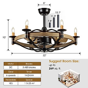 MADSHNE 32" Caged Ceiling Fans with Lights and Remote, Modern Farmhouse Fan Light for Living Room,Black Rustic Chandelier Candles,Reversible(Bulbs Included)