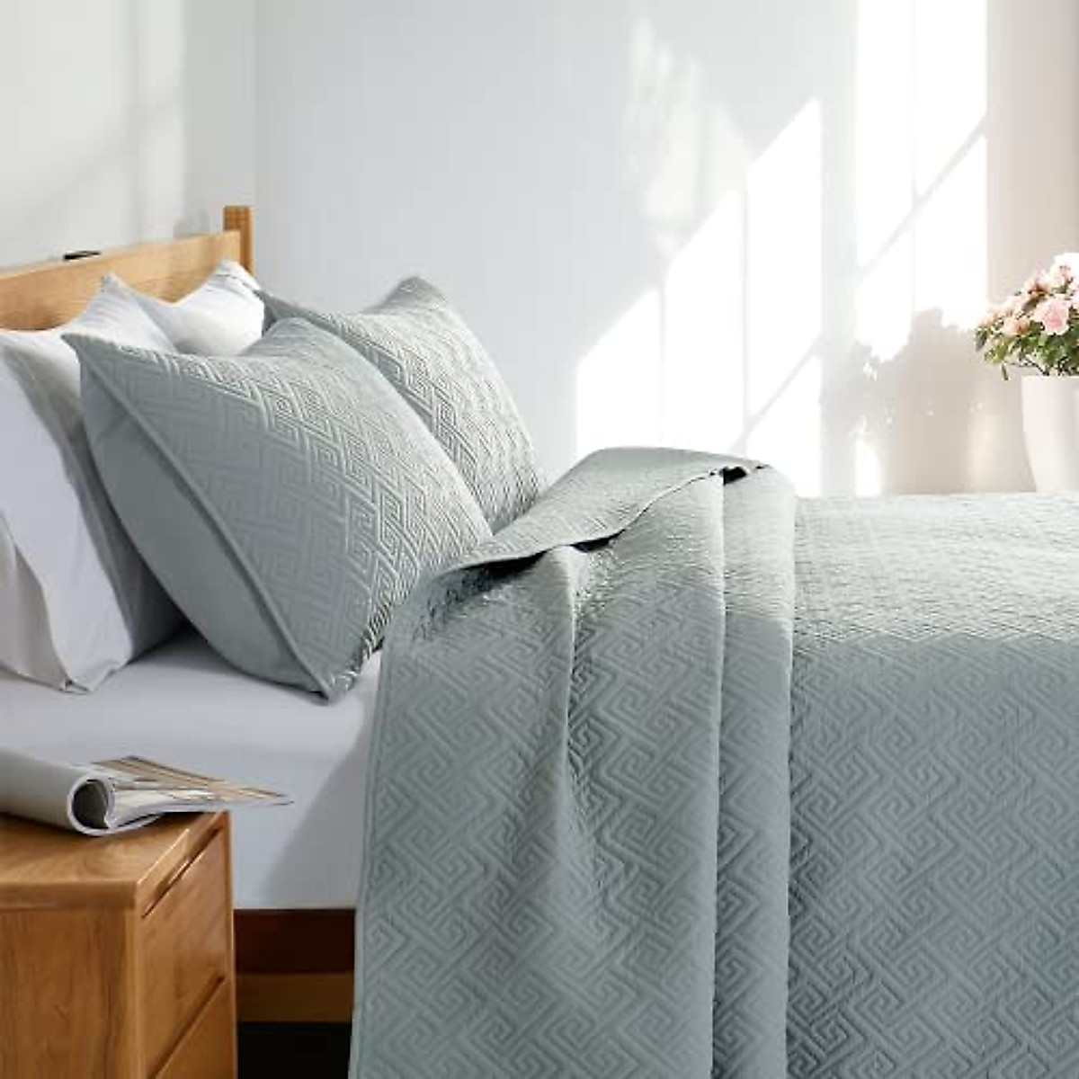 Peace nest 3 Piece Quilted Coverlet Set with Pillow Shams, All Season Bedspread Bed Cover Full/Queen Size Lightweight, Light Gray((106"X90")