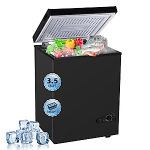 Geekman Chest Freezer 3.5 Cubic Feet Capacity with Removable Basket, Defrost Water Drain, 6 Level Adjustable Temperature, Energy Saving, and Top-Open Door for home, bar, office (Black)