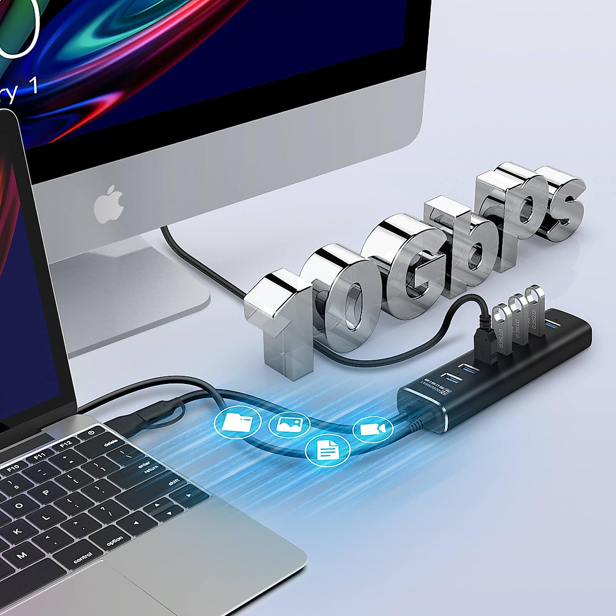 Powered USB Hub, Rosonway 7 Ports USB 3.1/3.2 Gen 2 Hub 10Gbps with 3.3ft USB-A/USB-C Data Cable, Individual Switches and 24W Power Adapter, Aluminum USB C Hub for Laptop and PC, RSH-A107