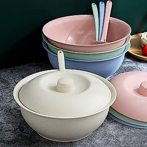 Unbreakable and Lightweight Soup Bowl with Lid and Spoon, 60Oz/1800ml Noodle Bowl Rice Bowl Cereal Bowl Dinner Bowl, Dishwasher Safe (Beige)