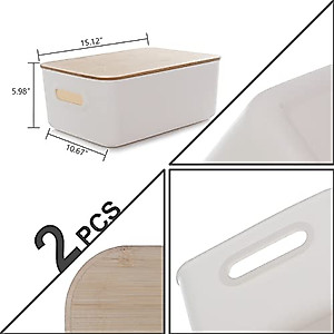 Citylife 2 PCS Storage Bins with Bamboo Lids Plastic Storage Containers for Organizing Stackable Storage Box with Handle, 15.12 x 10.67 x 5.98 inch