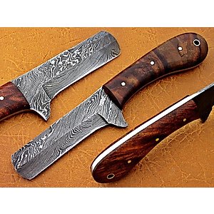 Black Smith Custom Knives DM-BC-01 Handmade Damascus Steel Bull Cutter Cowboy hunting castration and skinning knife, 8" Rose Wood Handle, Fixed Blade EDC Knife With Leather Sheath