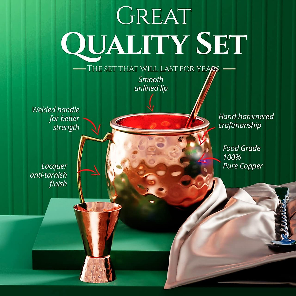 B. WEISS Premium Moscow Mule Mugs Set of 4 with Bonus Accessories - 100% Real Copper cups, Handcrafted, 16 oz - Includes Copper Straws, Jigger, and Coasters -Gift for Any Occasion - Food Safe