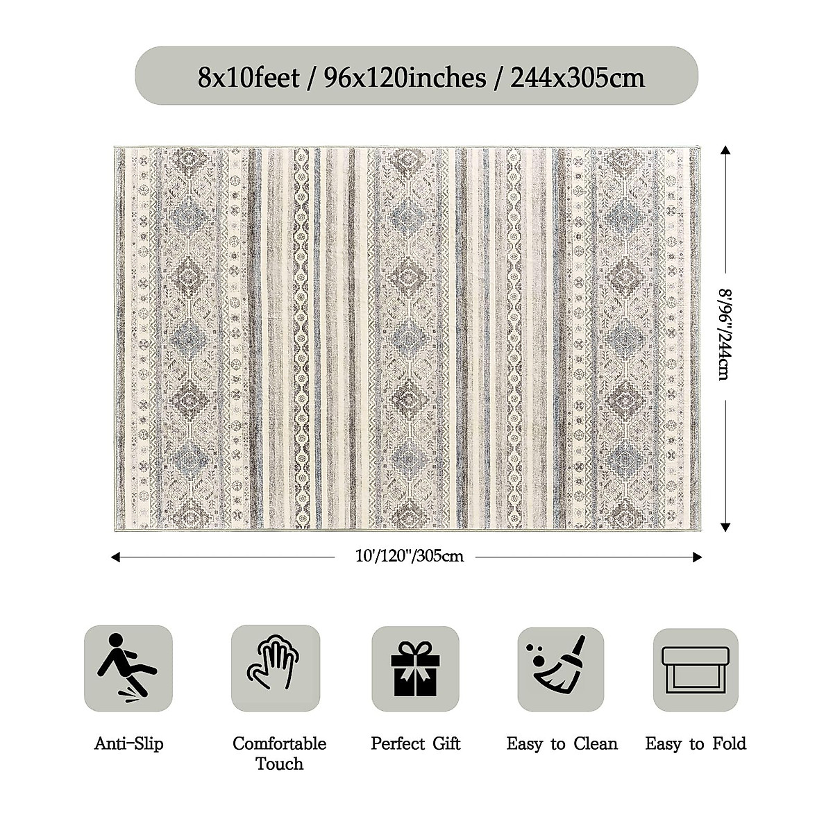 Madane 8x10 Area Rugs for Living Room, Stain Resistant Moroccan Washable Rugs 8x10, Thin Geometric Area Rugs 8x10 with Non-Slip Backing, Soft Low Pile Neutral 8x10 Rug, Grey/Ivory