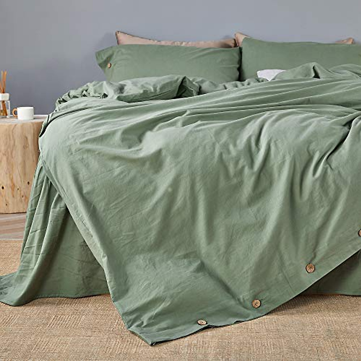 JELLYMONI Green 100% Washed Cotton Duvet Cover Set, 3 Pieces Luxury Soft Bedding Set with Buttons Closure. Solid Color Pattern Duvet Cover Queen Size(No Comforter)