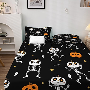 Halloween Sheets Full Size, Pumpkin Skeleton Bed Sheets, Patterned Bedding Sheets & Pillowcases 4 Piece Set - Soft Microfiber Deep Pocket Fitted Sheet & Flat Sheet & 2 Pillow Cases Z1-&-90