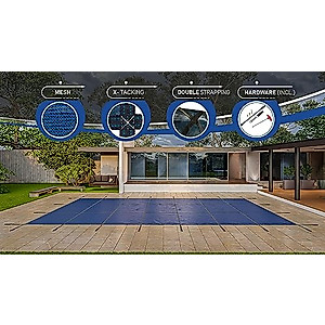 WaterWarden SCMB1224 Safety Cover for 12' x 24' Inground Pools, 15-Year Warranty, UL Classified to ASTM F1346, Triple Stitched for MAX Strength, Hardware Included, 12'x24', Blue Mesh