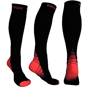 Physix Gear Compression Socks 20-30 mmHg - Men & Women - Running, Nurses, Shin Splints, Flight, Travel (BLACK / RED-S/M)