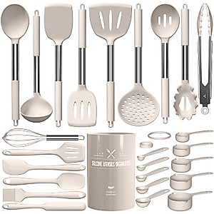 Large Silicone Kitchen Utensils Set, Umite Chef Heat Resistant Cooking Utensil with Stainless Steel Handle, Spatula, Spoon, Khaki Silicone Cooking Utensil for Nonstick Cookware, Dishwasher Safe