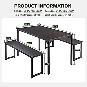 IMUsee 45" Dining Table Set for 4, 3-Pieces Kitchen & Dining Room Sets with Benches, Metal Frame and Wood Board, Sturdy Structure, Easy Assembly, Small Space Dinette, Black & Black