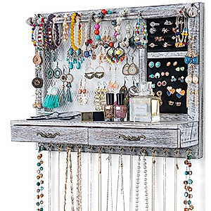 Dhmkfly Jewelry Wall Organizer Wall Mounted, Jewelry Hanger Display Rack Earring with Drawers, for Earring/Stud/Ring/Necklace/Bracelets Accessories Bangles Holder Girls Gift (White)