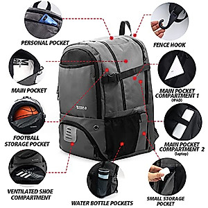 ZOEA Large Basketball Bag - Backpack for Basketball, Soccer & Volleyball Football Gym Includes Shoe & Ball & Laptop Compartment (Grey)