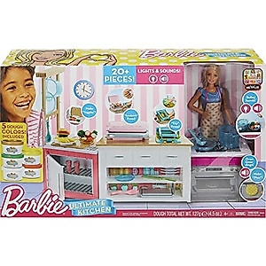 Barbie Ultimate Kitchen Doll & Playset with Lights & Sounds, Food Molds, 5 Dough Colors & 20+ Accessories, Blonde Chef Doll (Amazon Exclusive),Pink