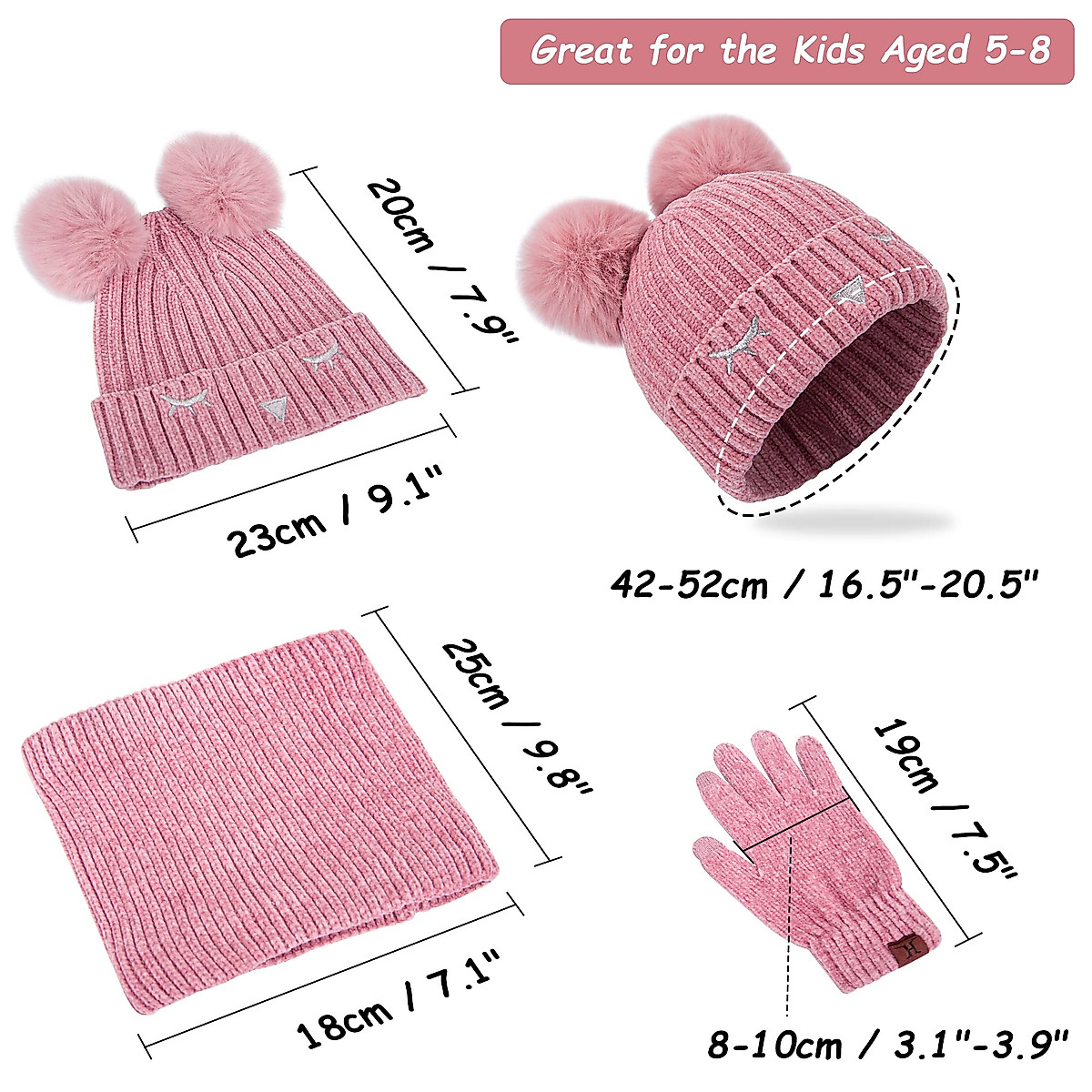 MAYLISACC Toddler Gloves Girl Hats and Gloves Set Kids 3 Pack Toddler Hat and Gloves Winter Warm Pom Beanie Hat Fleece Lined Neck Warmer Gloves Set Girls Hat Scarf and Glove set Scarfs for Girls Pink