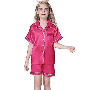 Silk Pajamas Sets for Women, 2 Pcs Sleepwear Silk Button-Down Pj Lounge Set, Hot Pink, US XS