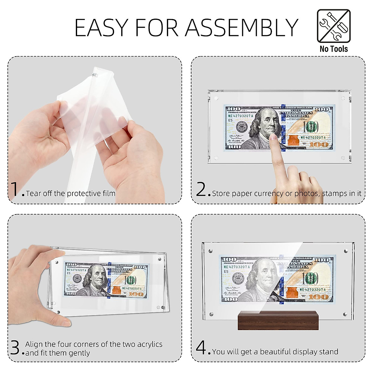 Dollar Bill Frame,Acrylic Currency Display Holder with Black Walnut Base Clear Paper Money Frame for Collectors Ticket Protector Photos Display Case,7.8 * 4.1inch（2PCS）