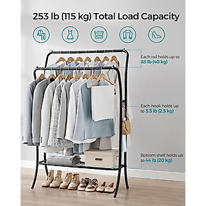 SONGMICS Clothes Rack, Clothing Rack with Shelves, Garment Racks Heavy Duty, Double Rod Clothes Rack with 6 Hooks, Clothes Storage and Display, for Living Room, Bedroom, Ink Black UHSR109B01