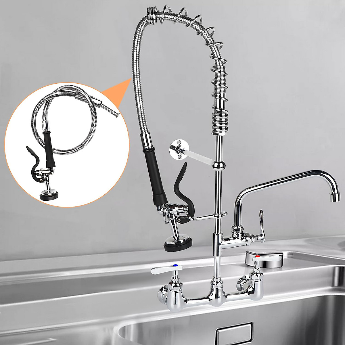 COOLWEST Commercial Pre-rinse Sprayer with Hose 38 Inch Flexible Stainless Hose with Spray Valve Head Replacement Kit for Wall Mount Commercial Kitchen Sink Faucet