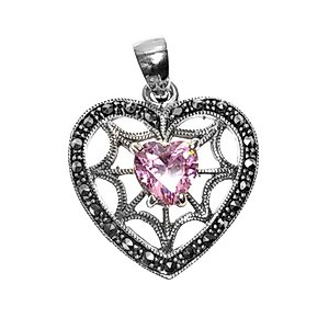 Spider Web Promise Heart Pendant Pink Simulated CZ .925 Sterling Silver Charm
