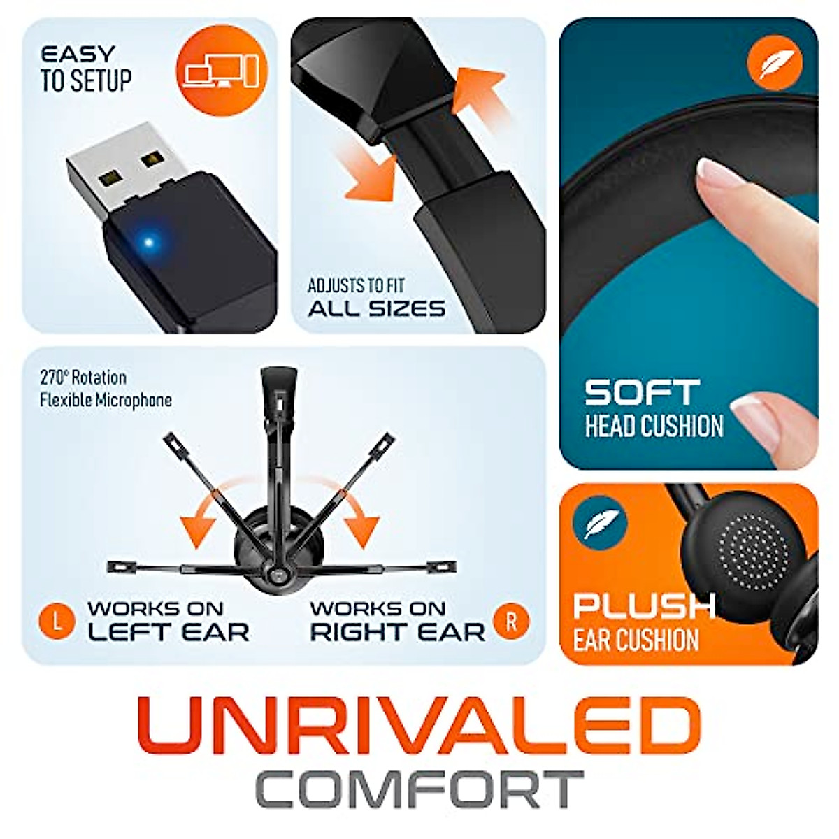 Bluetooth Headset with Noise Cancelling Mic and Charging Dock, Wireless Headphones with Mic, 2-Earpiece with Auto-Pair USB Dongle for PC/Laptop, Handsfree/Dual Connect/Mute, for Meet|Skype|Zoom|Teams