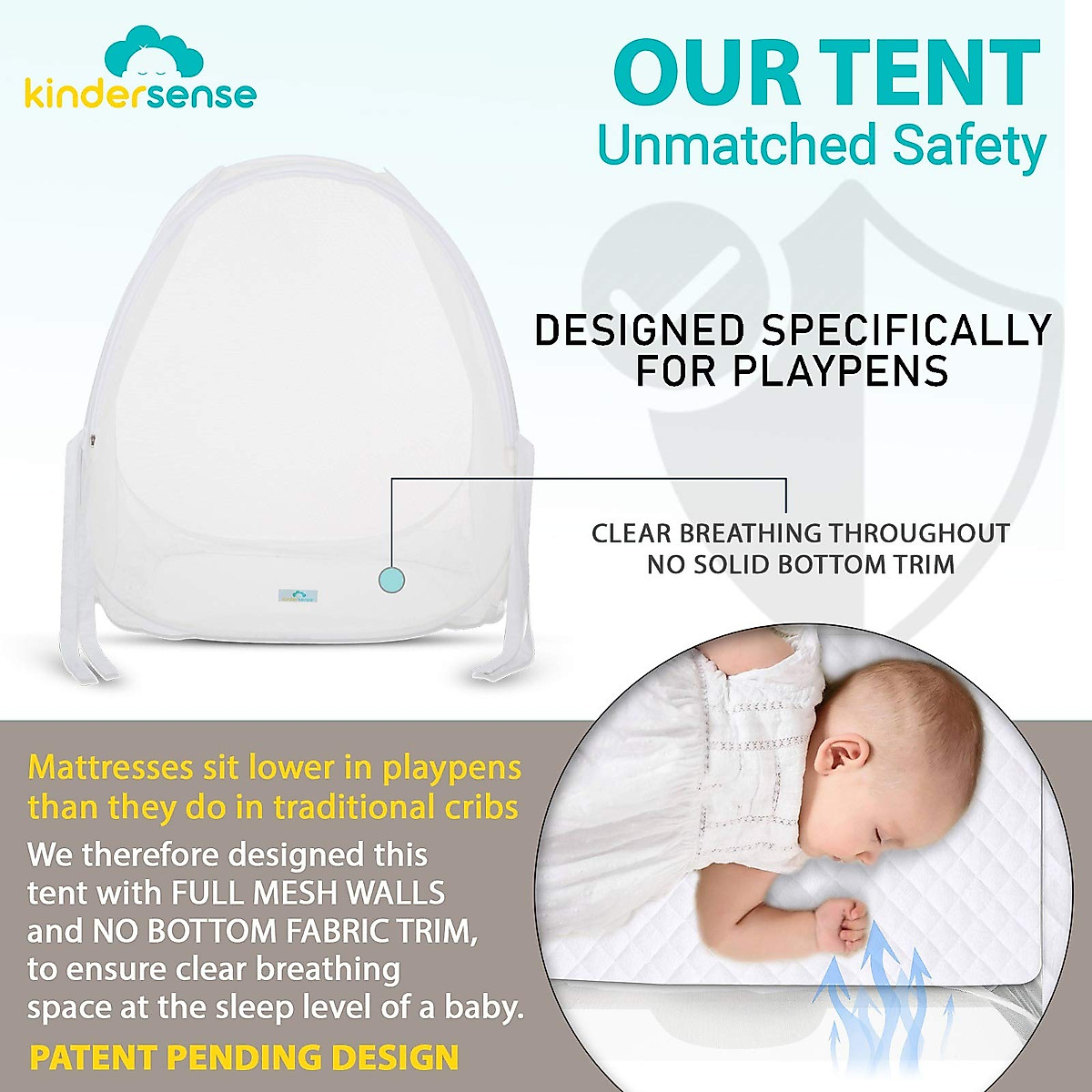 KinderSense - Pack N Play Tent Baby Safety Crib Net - Toddler Crib Topper for Playpens & Mini Cribs to Keep Baby from Climbing Out - Breathable Mesh Pop up Net - Mosquito Net Canopy Upgraded