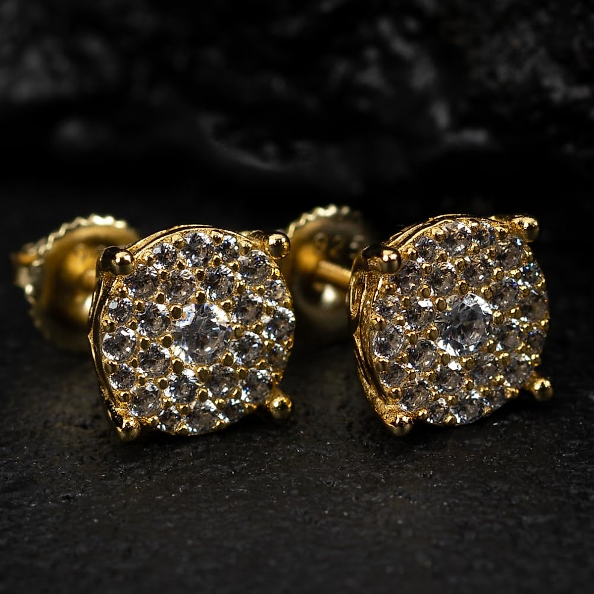 Round Flower Cluster Earrings for Men Women14K Yellow Gold 925 Sterling Silver Stud Earrings Hypoallergenic 5A CZ Stone 3D Flower Set Unisex Large 10mm Circle Screw On Earrings