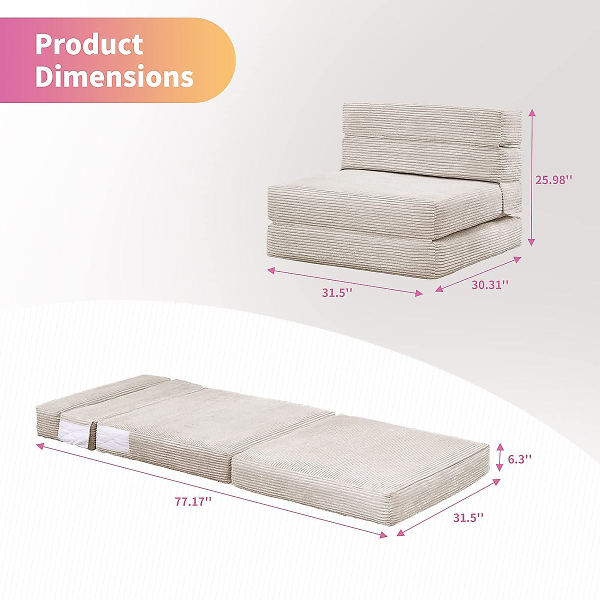 Mixoy Folding Sofa Mattress, Tri Fold Sofa Chair Bed 6.3”,Upholstered Guest Chaise,Floor Couch Sleeper,Folding Futon Sofa Bed Lounge Chaise for Guests,Living Room and Bedroom(Twin Size,Beige) 1