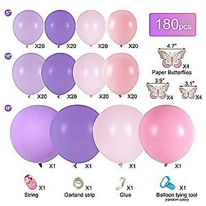 180pcs Pastel Pink Purple Balloon Garland Arch Kit Butterfly Stickers Baby Shower Decorations for Girl Birthday Party Bridal Shower Bachelorette Engagement Party Decorations by QIFU