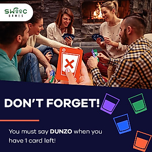 DUNZO® - Party Version of Classic Card Game with 4 Unbreakable Glasses - Draw Two, Skip, Reverse, Get Hydrated - Fun Party Game & Funny Gifts - Adult Games for Game Night - Adult Party Games