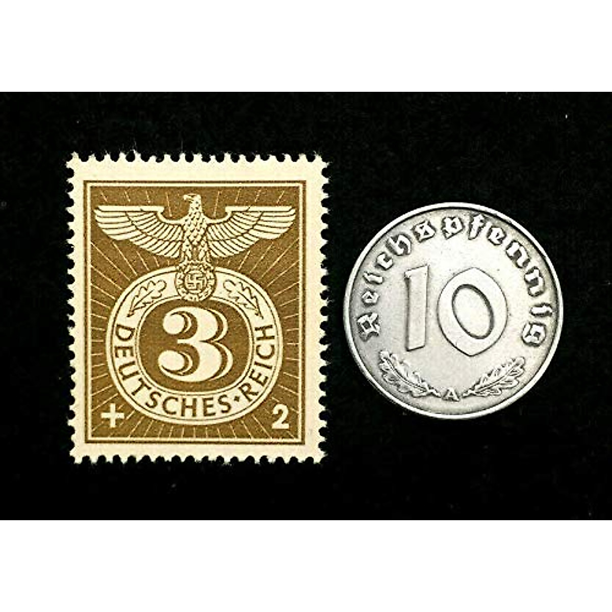 DE 1943 Old WWII German War Ten Rp Coin & RAREST 3pf Brown Stamp World War 2 Artifacts Superb Gem Uncirculated Stamp