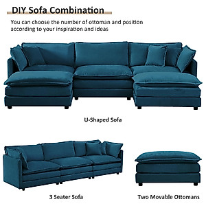 Suheww 111.5" Oversized U-Shaped Modular Sectional Sofa Couch for Living Room, Modern Soft Chenille Large Cloud Couch, Comfy Deep Seat with Chaise & Movable Ottoman (Blue, U-Shaped 3 Seat)