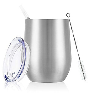 Stainless Steel Wine Tumbler 12Oz, Double Wall Vacuum Insulated Wine Tumbler with Lid and Straw, Stainless Steel Stemless Wine Glass for Wine, Coffee, Cocktails, Champaign, Ice Cream, Silver…