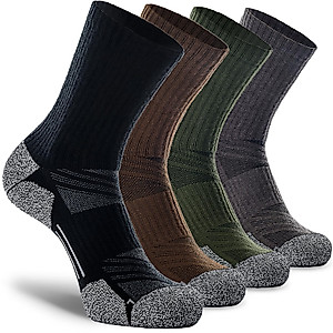 CWVLC Hiking Crew Socks, 4-Pack Men Women Boot Socks for Walking, Hunting, Camping, Winter Outdoor Work, Cosy Cushion, Moisture Wicking, Arch Compression, Anti Blister, Medium, Black Gray Green Brown