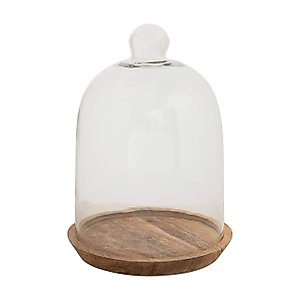 Creative Co-Op Glass Mango Wood Base Cloche, 6-3/4" Round x 8-3/4"H, Clear