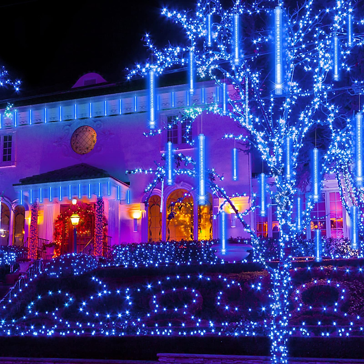 TAO XIANG QI 288 LED Christmas Lights Meteor Shower Rain Lights Outdoor Decor,8 Tube 12.2 Inch Waterproof Plug in Falling Rain Fairy String Light Christmas Decor Outdoor Tree Holiday Party Home(Blue)