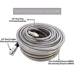 SANFU Polyurethane(PU) Air Hose 1/4-Inch x 100ft Reinforced, lightweight Anti-low temperature 300PSI with 1/4” Swivel Industrial Quick Coupler and Plug, Bend Restrictor, Silver Gray(100’)