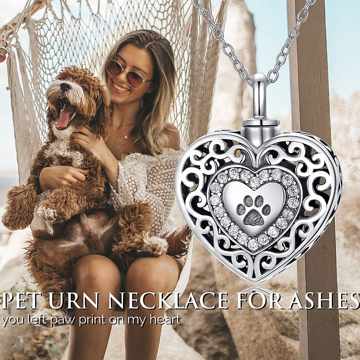 PEIMKO 925 Sterling Silver Filigree Dog Paw Print Pet Urn Necklace for Ashes Cremation Jewelry Forever in My Heart Keepsakes Memorial Necklaces Meaningful Gifts