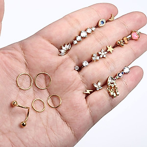 Drperfect Cartilage Earring Set for Women Stainless Steel 18G CZ Butterfly Flower Star Moon Cartilage Stud Earrings 20G Cartilage Hoop Earrings Spiral Curved Dangle Cartilage Helix Tragus Conch Ear