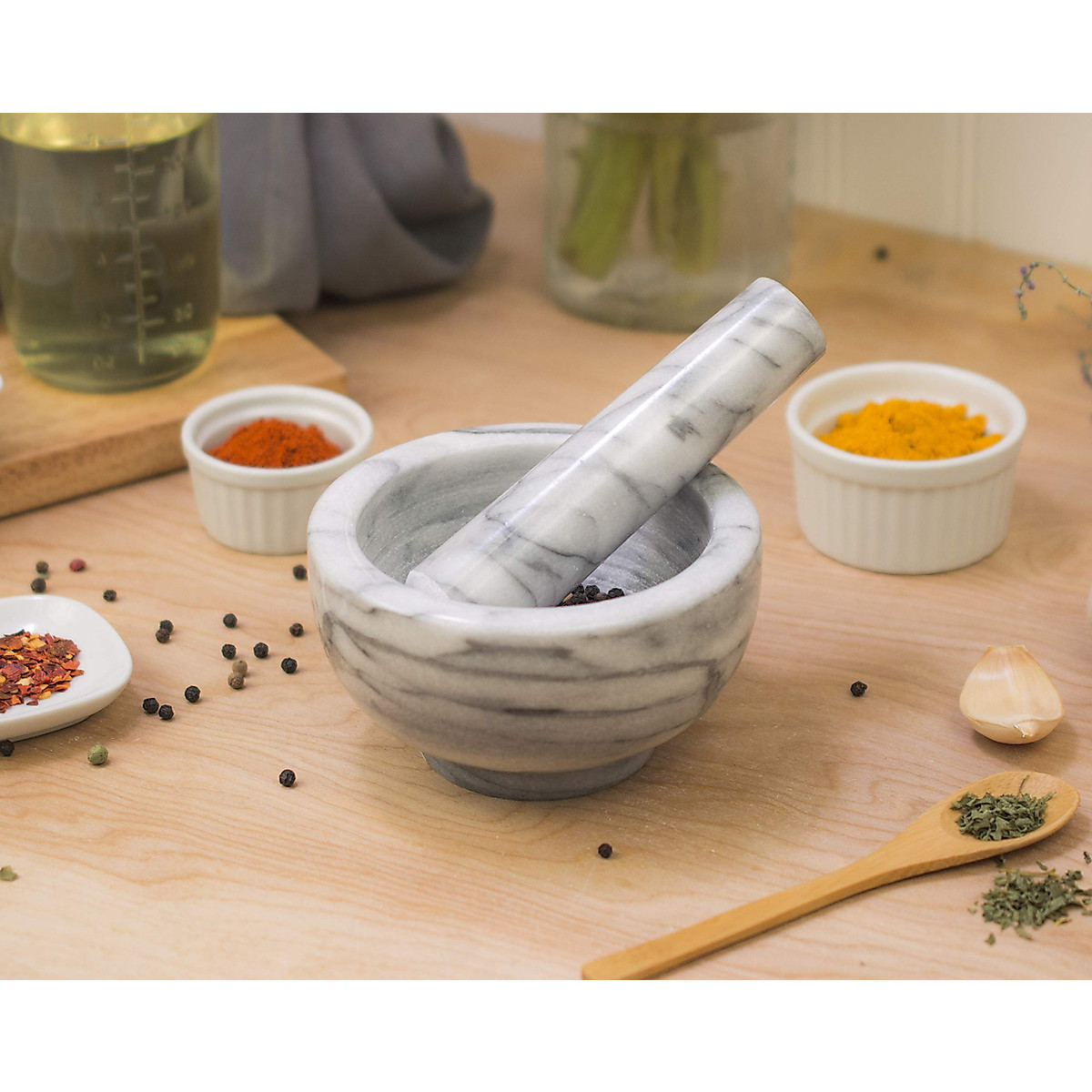 HIC Kitchen Mortar and Pestle Spice Herb Grinder Pill Crusher Set, Solid Fine-Quality Carrara Marble