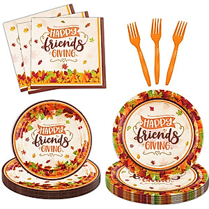 KORHONEN Friendsgiving Party Decorations, 96Pcs Thanksgiving Tableware Set Includes Friendsgiving Napkins Plates Forks, Friendsgiving Maple Leaves Party Supplies