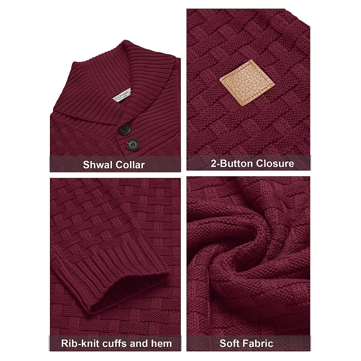 COOFANDY Men's Shawl Collar Sweaters V-Neck Relaxed Fit Basket Knitted Pullovers Wine Red