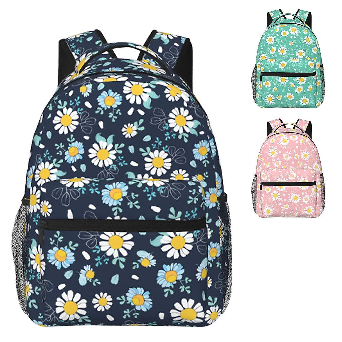 Junong 17 Inch Daisy Backpack for Women Fashion Laptop Flower Backpack Cute Travel Bag Women College Floral Backpack (Navy Blue)