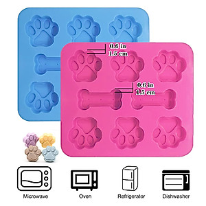 2 in 1 Silicone Molds，2 Pack Silicone Puppy Paw Print & Dog Bone Shaped Molds ，with 3 Packs Stainless Steel Bone Cookie Cutter-Blue&Pink-Set of 5