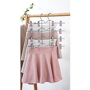 Solid Metal Skirt Hangers 4 Tier Pants Shorts Hangers Space Saving Hangers with Adjustable Clips Non Slip Grip for Slacks, Trousers, Shorts, Jeans, Towels, Pink, (2 Pieces) HL04P