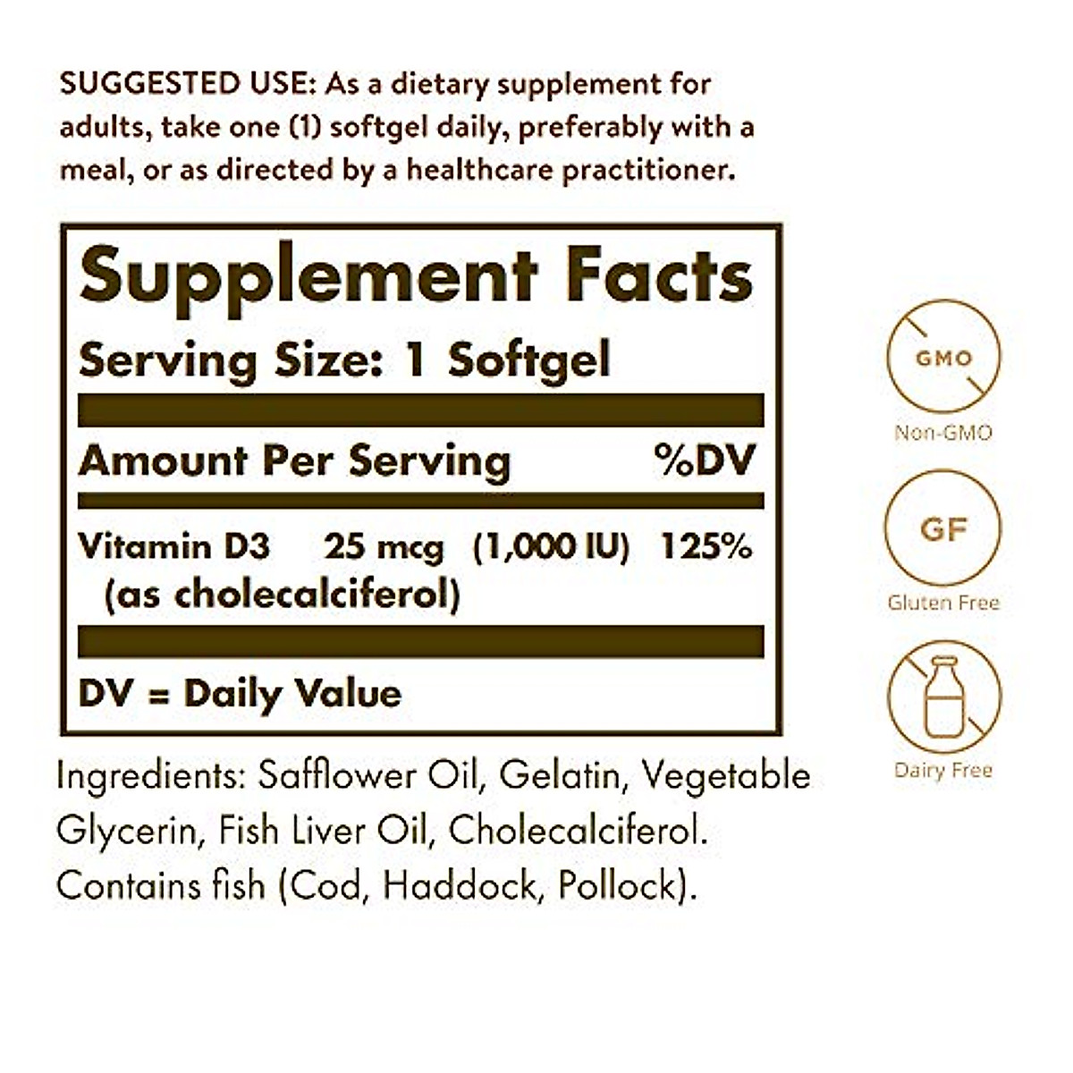Solgar Vitamin D3 (Cholecalciferol) 25 mcg (1000 IU), 100 Softgels - Helps Maintain Healthy Bones & Teeth - Immune System Support - Non-GMO, Gluten Free, Dairy Free - 100 Servings