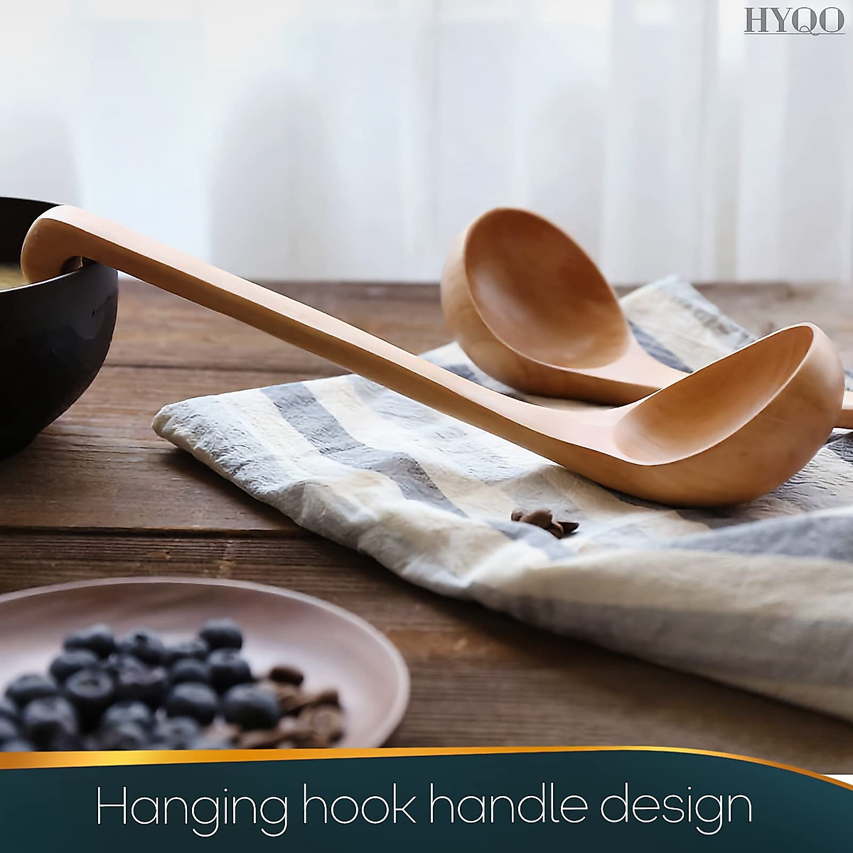 Wooden Ladle for Soup - 10.8x2.8" Wood Ladle with Deep Scoop, Hanging Hook, and Lacquer Coating for a Comfortable Grip, Easy to Clean and Store - Hard Thermostable, Long Soup Spoon for Kitchen