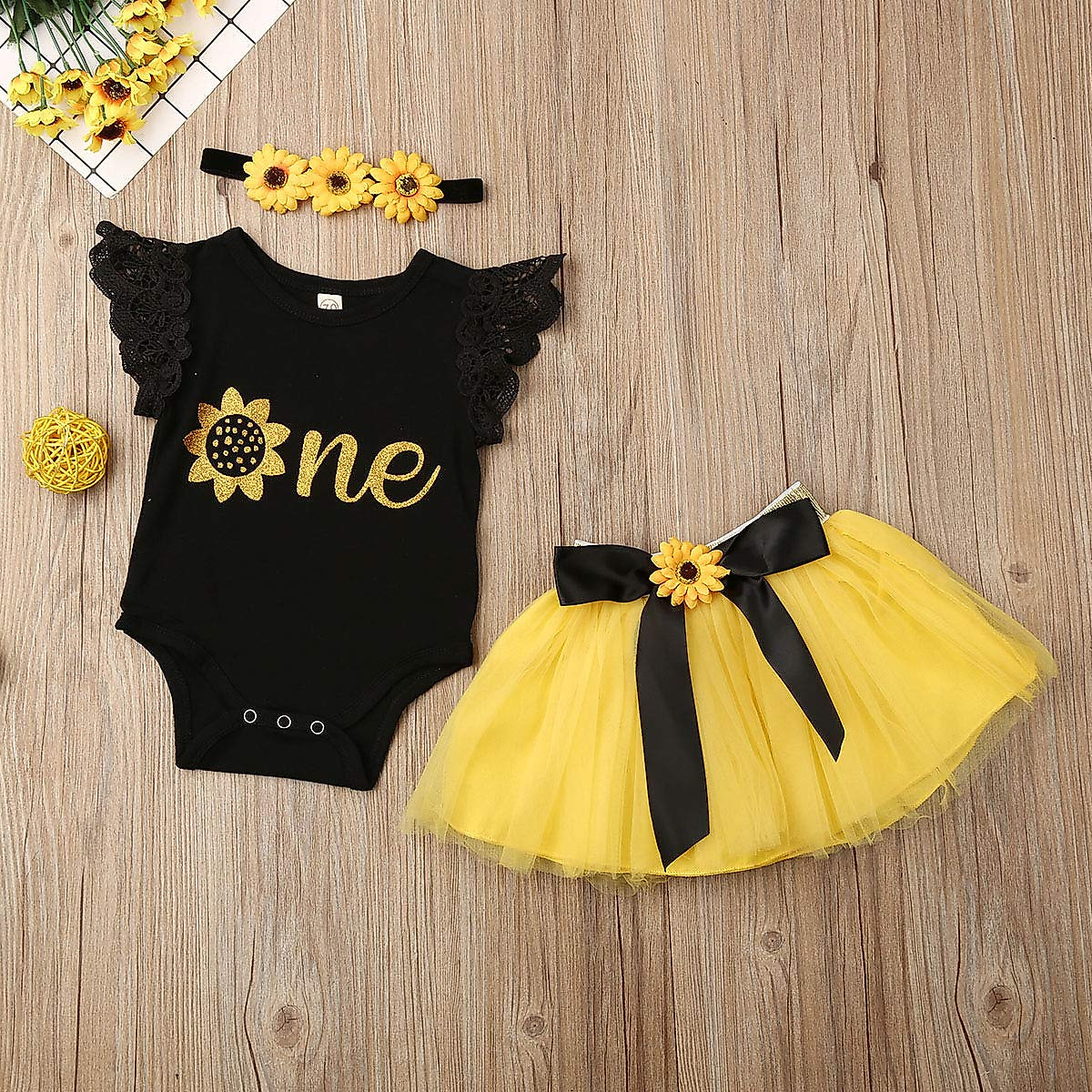 MA&BABY Newborn Girls 1st Birthday Outfit Ruffled Floral One Romper Yellow Tutu Skirt Dress First Birthday Girl Outfit (Black+Yellow, 12-18Months)
